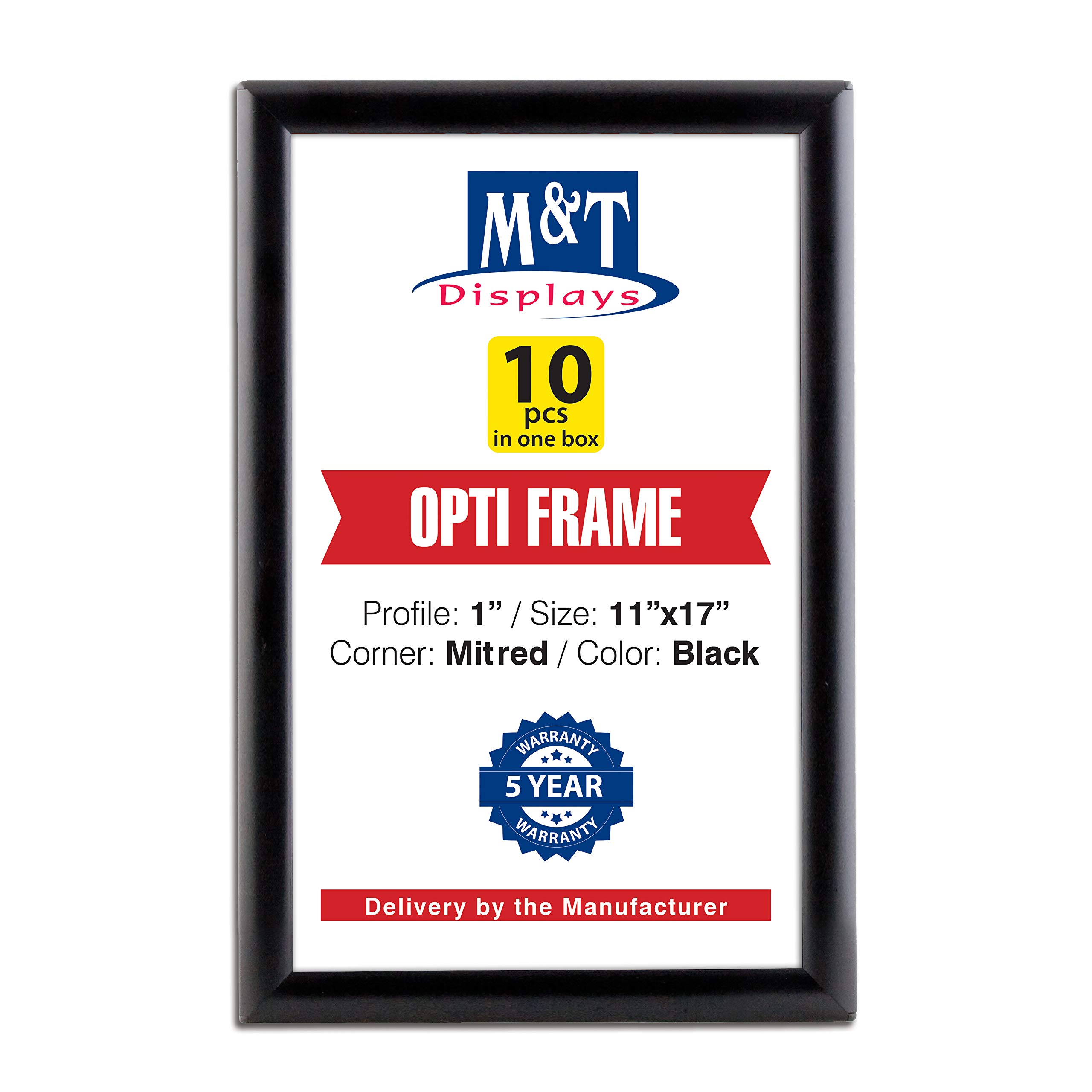 M&T Displays Opti Snap Poster Frame 11x17 Inch Black 1" Aluminum Profile Front Loading Wall Mounting Photo Picture Document Certificate Sign Holder Mitered Corner Anti Glare Cover (10 pack)