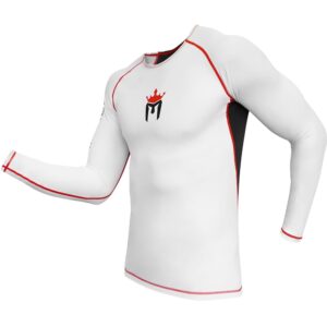 meister rush long-sleeve rash guard for mma, bjj & surfing - white/red - medium