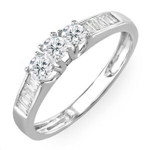 dazzlingrock collection 0.55 carat (ctw) 14k round & baguette diamond 3 stone engagement ring 1/2 ct, white gold, size 7