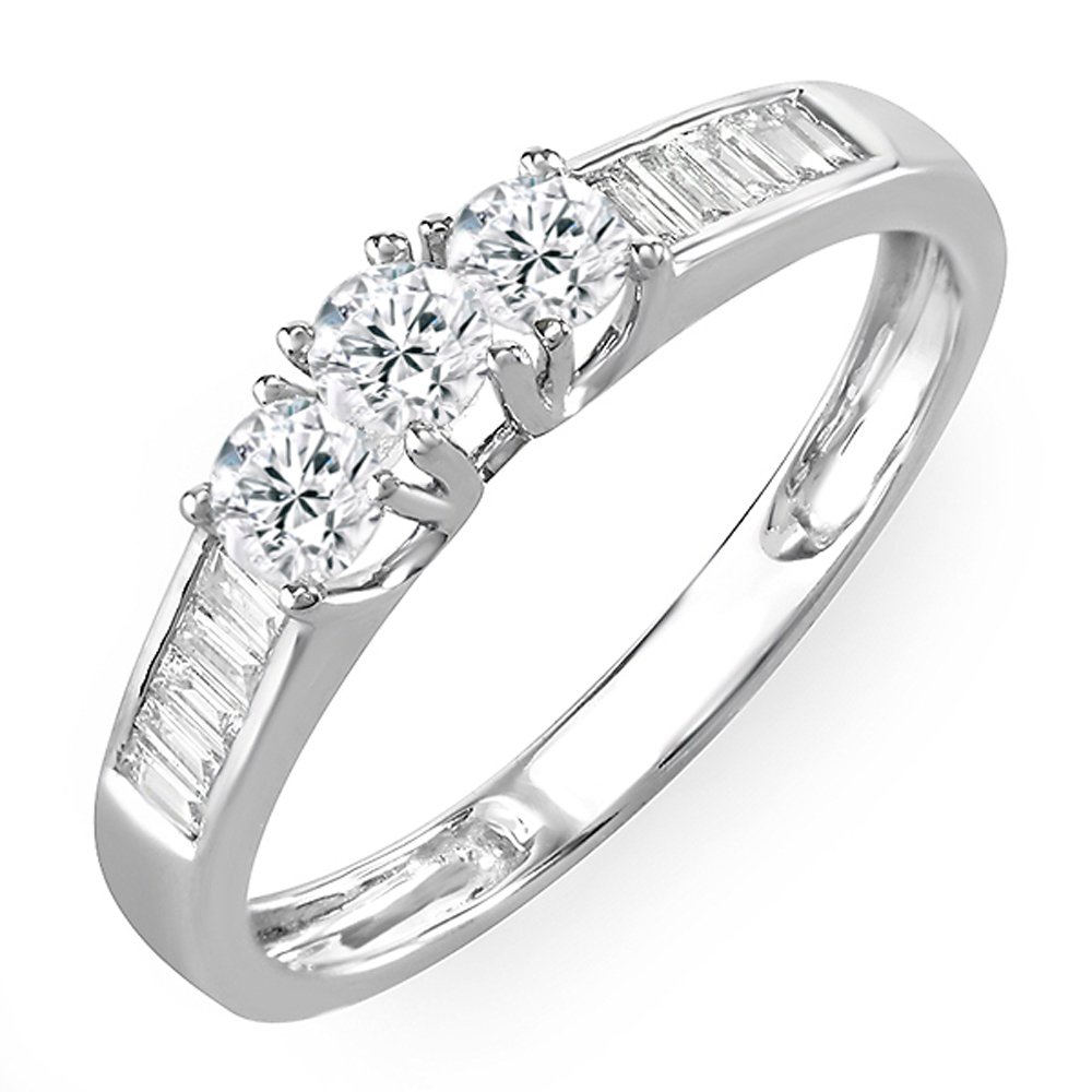 Dazzlingrock Collection 0.55 Carat (ctw) 14K Round & Baguette Diamond 3 stone Engagement Ring 1/2 CT, White Gold, Size 7