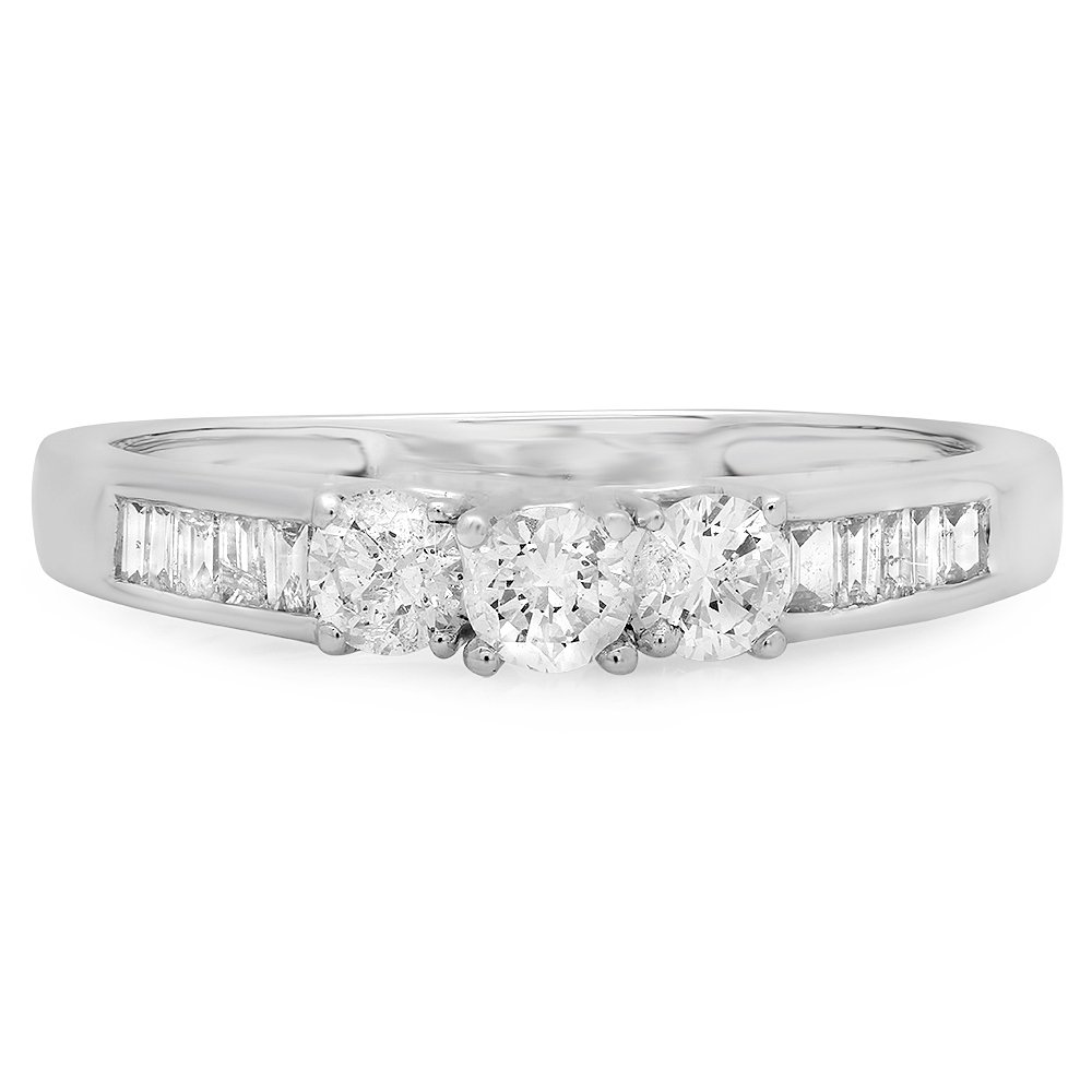 Dazzlingrock Collection 0.55 Carat (ctw) 14K Round & Baguette Diamond 3 stone Engagement Ring 1/2 CT, White Gold, Size 7