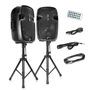 pyle wireless portable pa system - 1800w high powered bluetooth compatible active + passive pair outdoor sound speakers w/ usb sd mp3 aux - 35mm mount, 2 stand, microphone, remote - pyle pphp1249kt