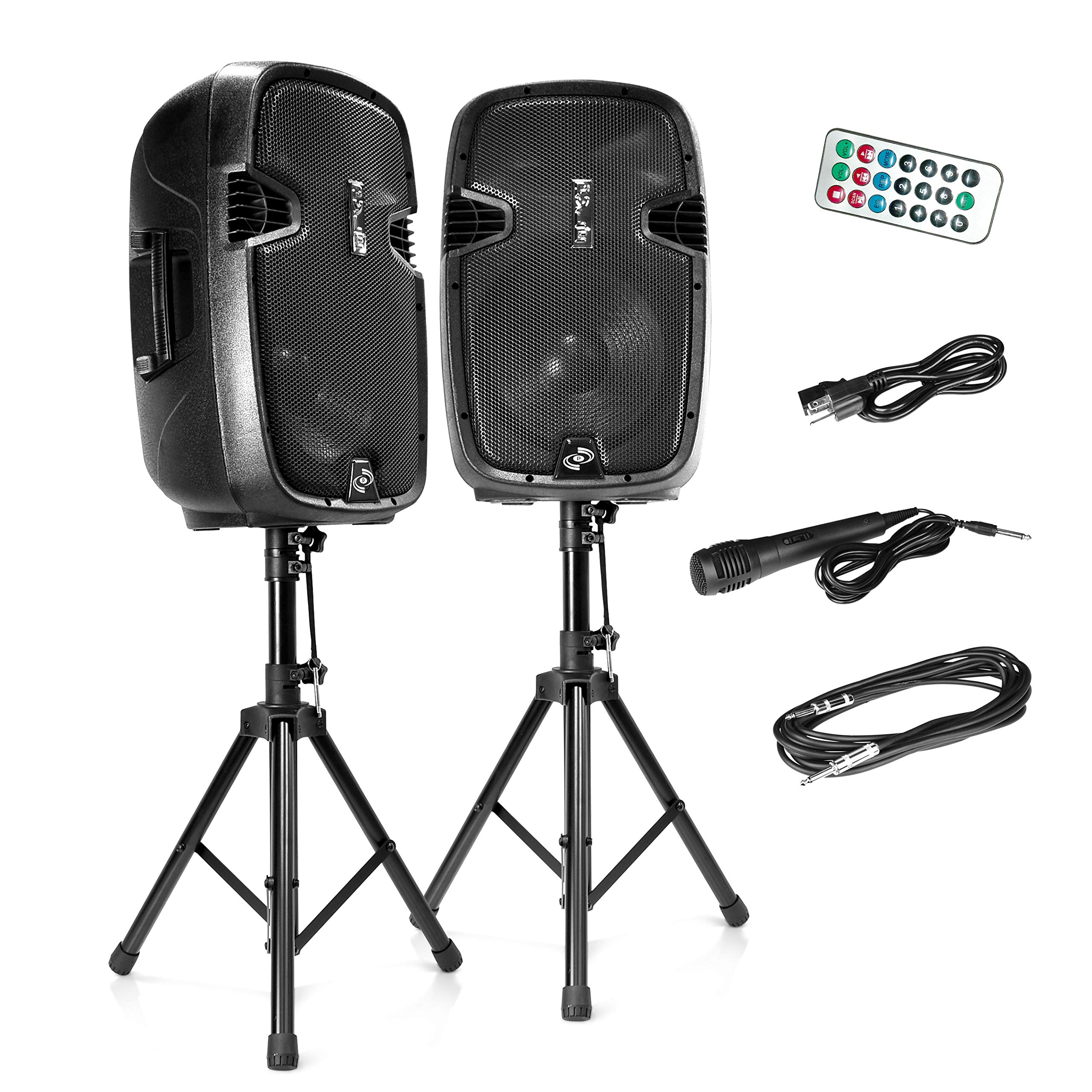 Pyle Wireless Portable PA System - 1800W High Powered Bluetooth Compatible Active + Passive Pair Outdoor Sound Speakers w/ USB SD MP3 AUX - 35mm Mount, 2 Stand, Microphone, Remote - Pyle PPHP1249KT