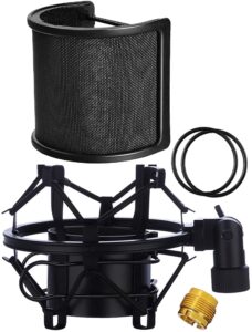 microphone shock mount with pop filter, mic anti-vibration suspension shock mount holder clip for diameter 46mm-51mm microphone