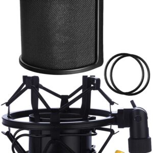 Microphone Shock Mount with Pop Filter, Mic Anti-Vibration Suspension Shock Mount Holder Clip for Diameter 46mm-51mm Microphone