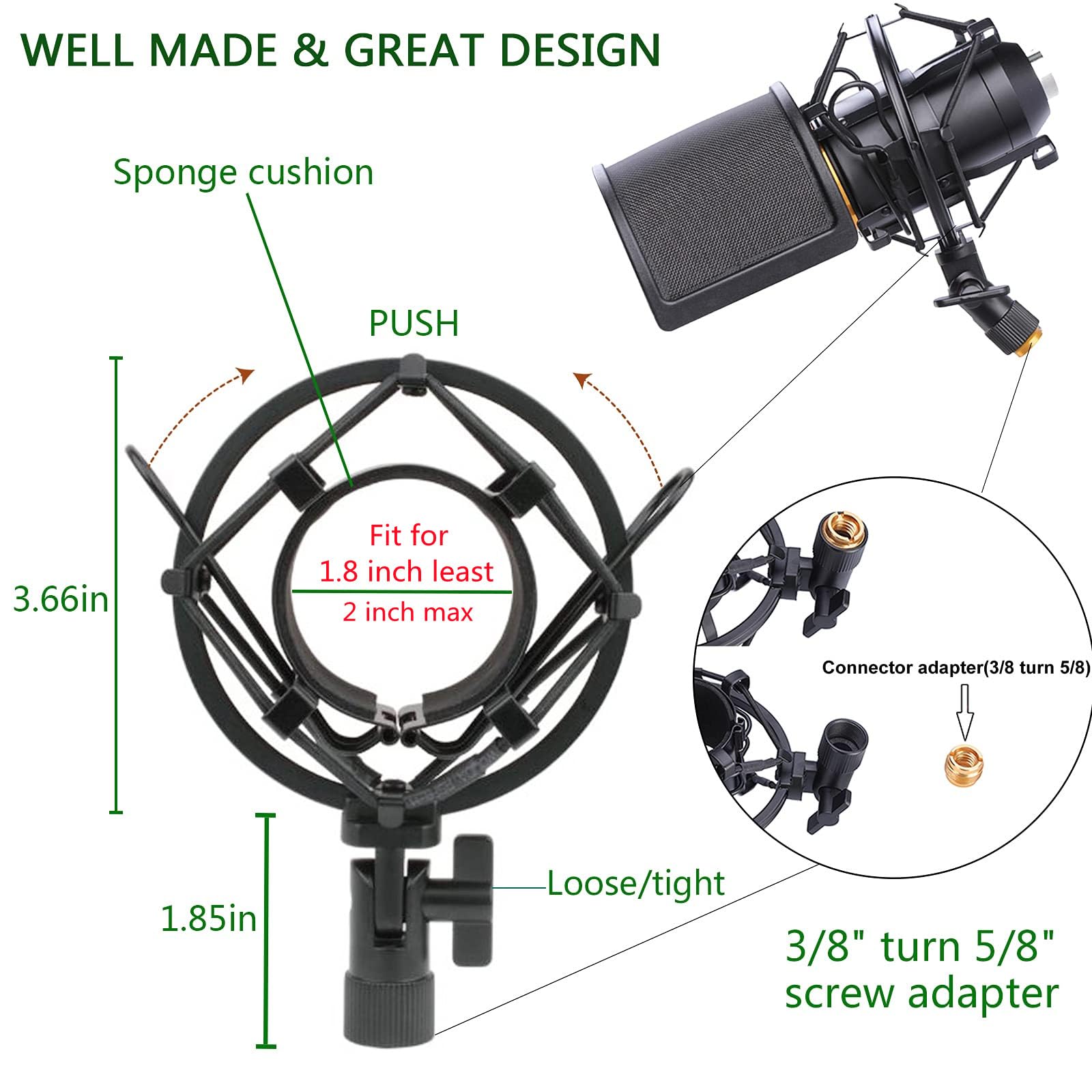 Microphone Shock Mount with Pop Filter, Mic Anti-Vibration Suspension Shock Mount Holder Clip for Diameter 46mm-51mm Microphone