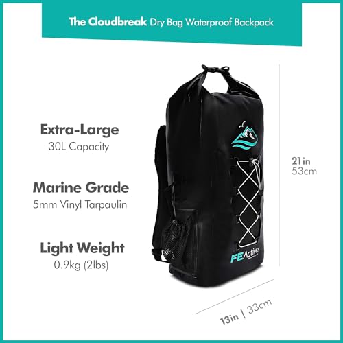 FE Active Dry Bag Waterproof Backpack - 30L Eco Friendly Bag for Men & Women for Fishing, Travel, Hiking, Beach & Survival Gear. Storage for Camera & Camping Accessories | Designed in California, USA