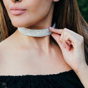 Rhinestone Choker 5 Row Silver by LuxeLife – Women’s Crystal Look Necklace with 5 Inch Extender Chain – Classic Fashion Jewelry Accessories – Matches Earrings and Bracelets Flawlessly