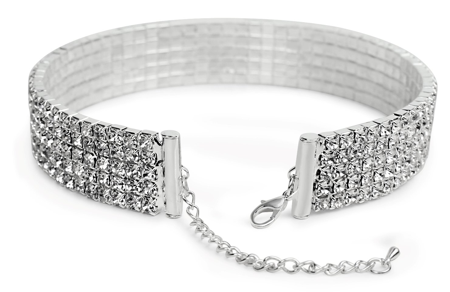 Rhinestone Choker 5 Row Silver by LuxeLife – Women’s Crystal Look Necklace with 5 Inch Extender Chain – Classic Fashion Jewelry Accessories – Matches Earrings and Bracelets Flawlessly