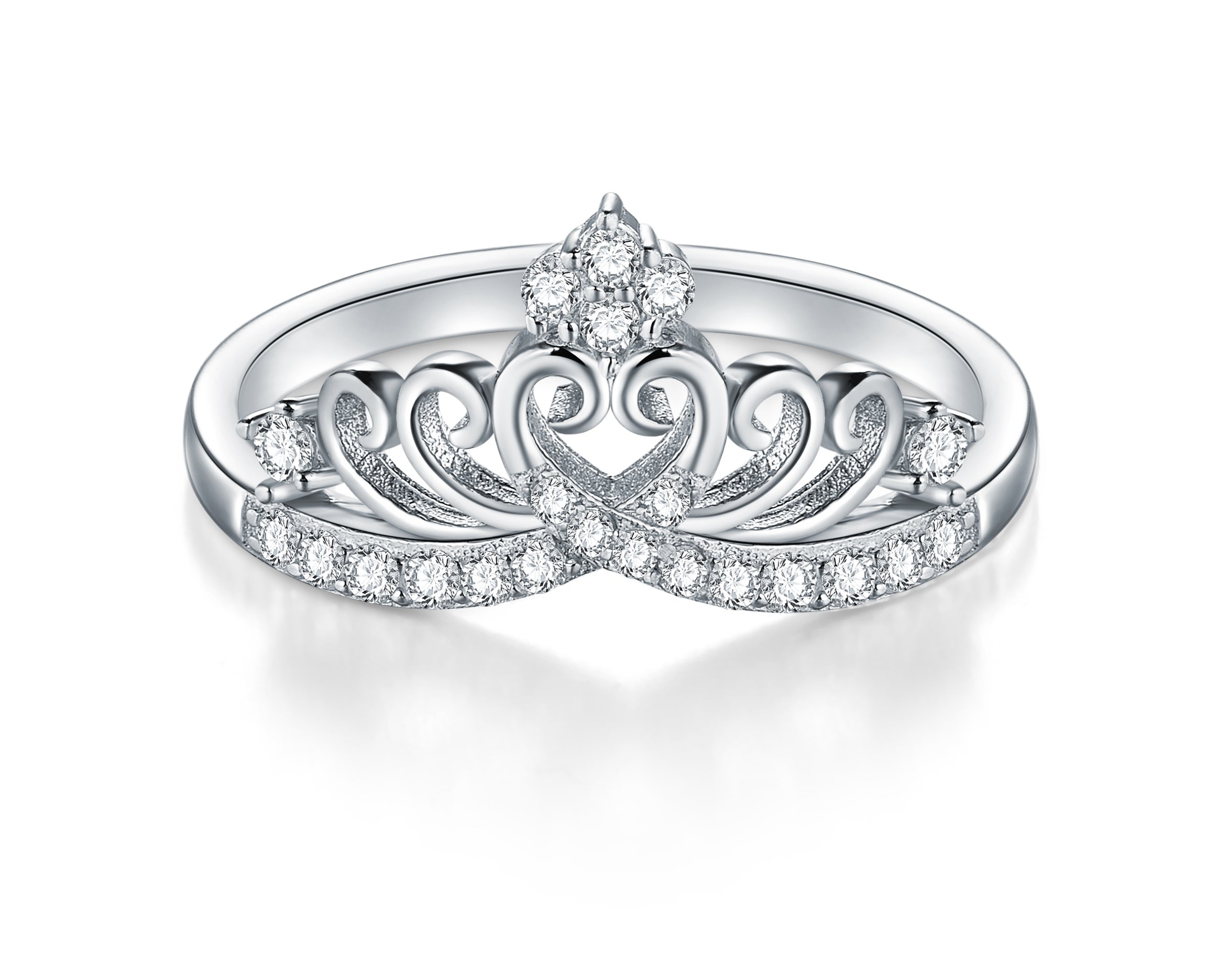 BORUO 925 Sterling Silver Cubic Zirconia Princess Crown Tiara Wedding Cz Band Eternity Ring Size 4