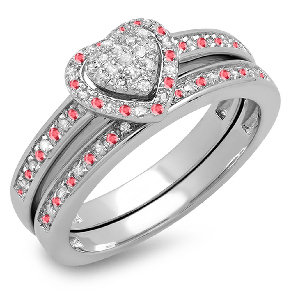 Dazzlingrock Collection Round Ruby & White Diamond Heart Shaped Wedding Ring Set in 925 Sterling Silver, Size 8.5