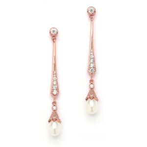 mariell rose gold freshwater pearl cubic zirconia dangle earring for brides, wedding, birthday gift