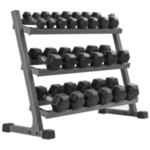 xmark dumbbell pair weight sets, 10 pair of dumbbell hand weights, 5 lbs to 50 lbs rubber hex dumbbell pairs, complete with dumbbell storage rack for an organized home gym