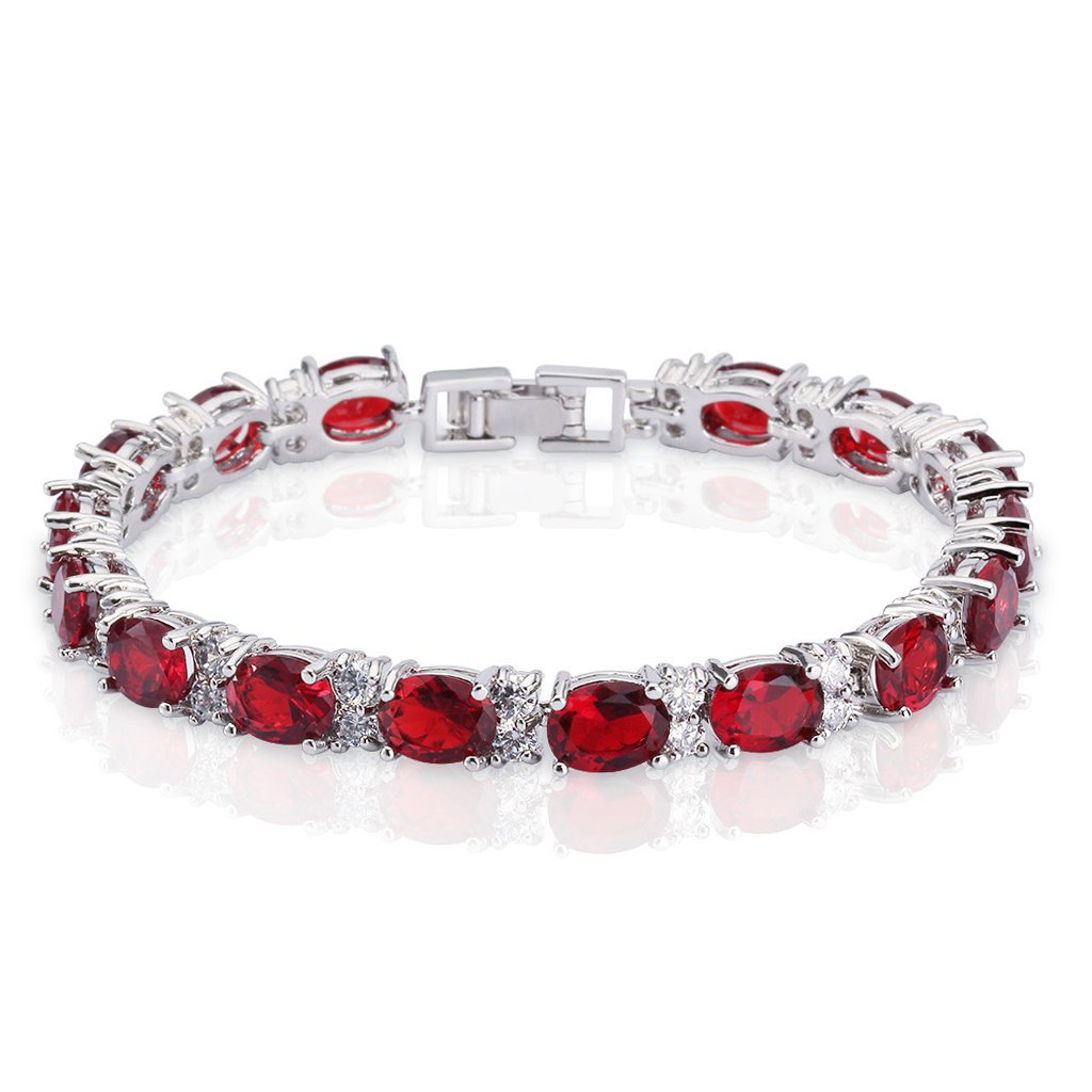 SELOVO Elegant Women Link Chain Tennis Bracelet Red Zircon CZ Silver Tone