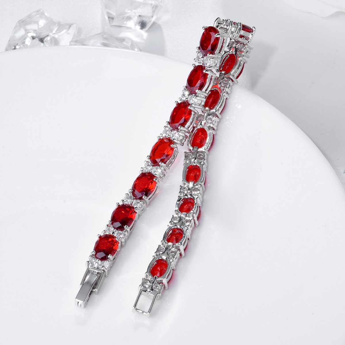 SELOVO Elegant Women Link Chain Tennis Bracelet Red Zircon CZ Silver Tone