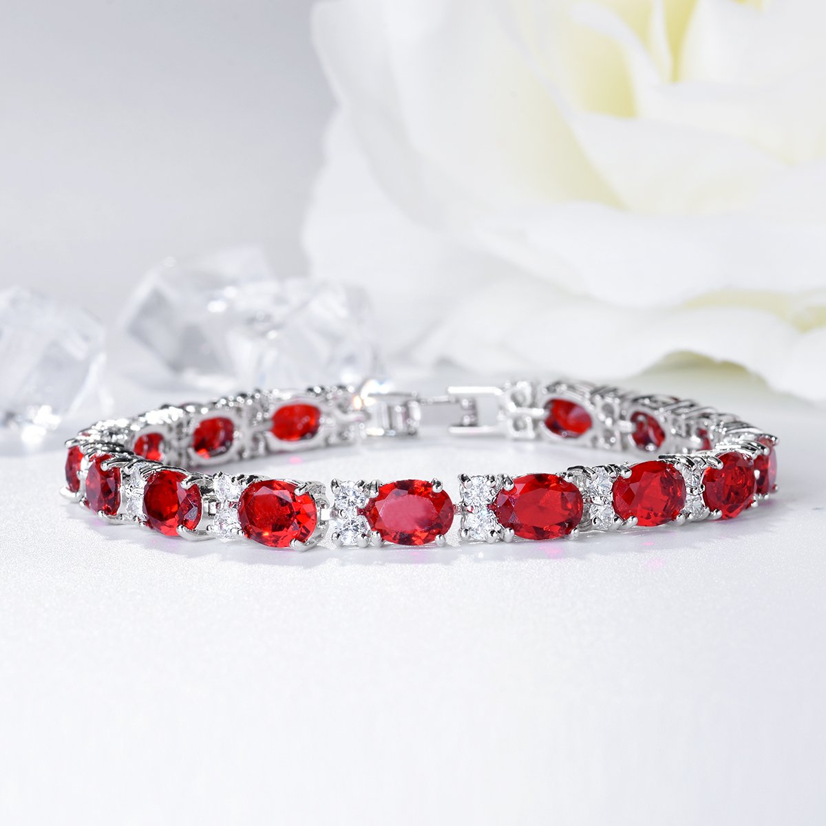 SELOVO Elegant Women Link Chain Tennis Bracelet Red Zircon CZ Silver Tone