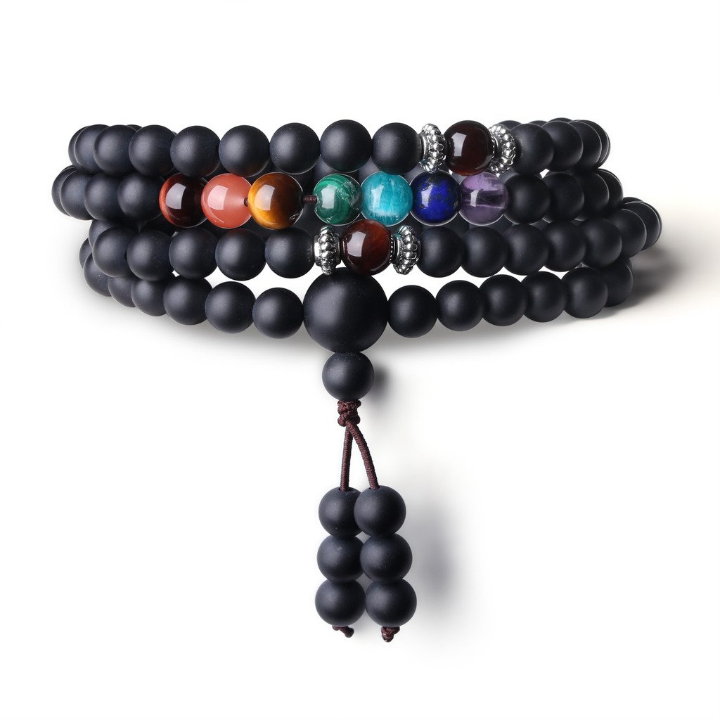 COAI 108 Japa Mala 7 Chakra Onyx Stone Wrap Bracelet Necklace