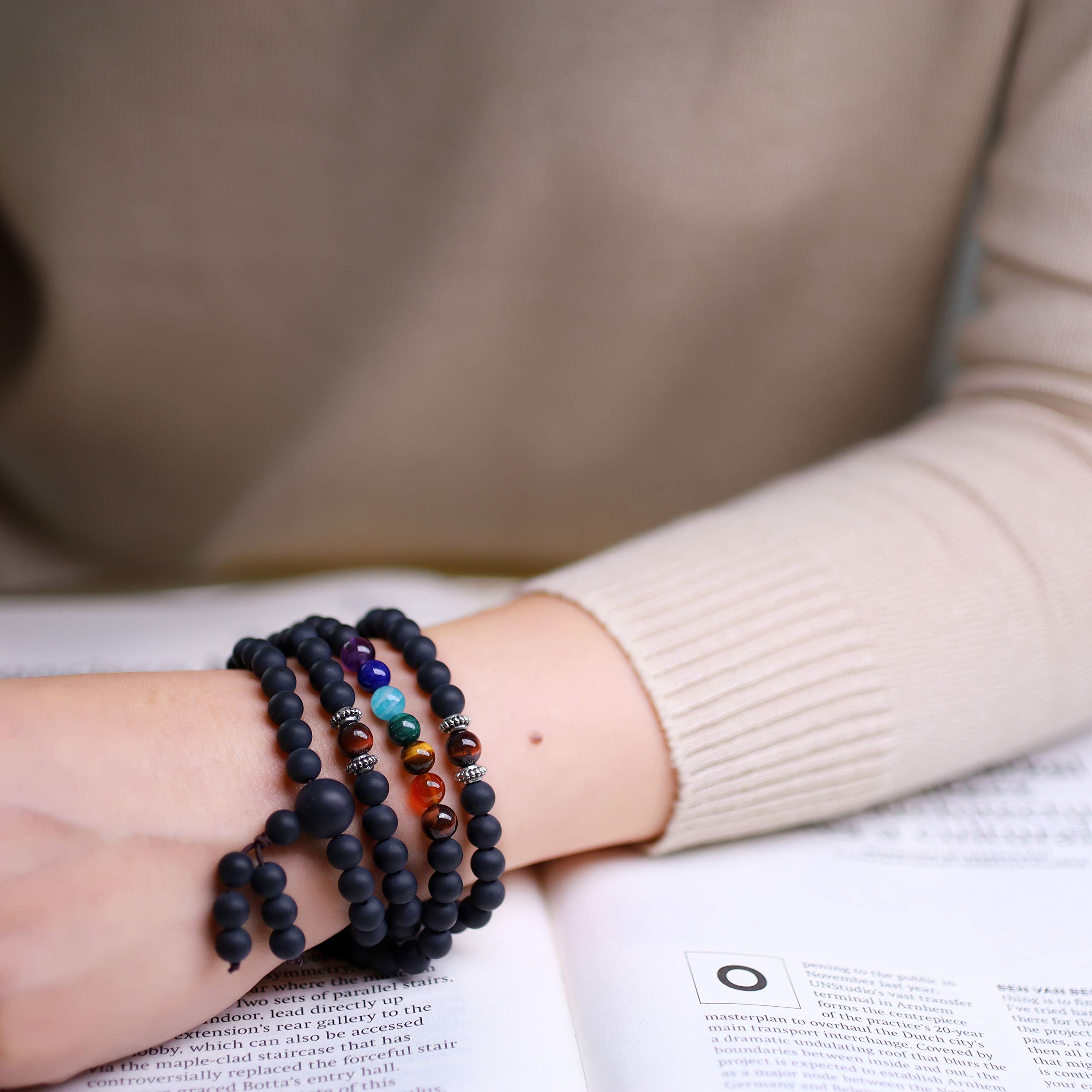 COAI 108 Japa Mala 7 Chakra Onyx Stone Wrap Bracelet Necklace