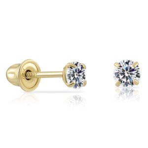 14k yellow gold solitaire round cubic zirconia stud earrings in secure screw-backs (3mm)…