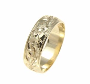 arthur's jewelry 14k yellow gold hand engraved hawaiian plumeria scroll band ring smooth edge 6mm size 7