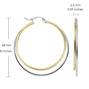 Sterling Silver Two-Tone Double Row Large 48mm Round Hoop Earrings