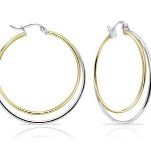 Sterling Silver Two-Tone Double Row Large 48mm Round Hoop Earrings