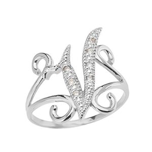 initial rings 10k white gold modern cursive v diamond (size 7)