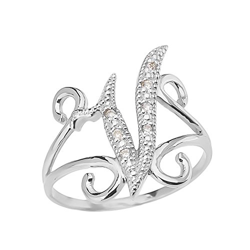 Initial Rings 10k White Gold Modern Cursive V Diamond (Size 7)