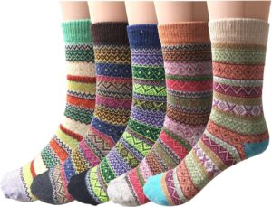 pack of 5 womens vintage style cotton knitting wool warm winter fall crew socks, mixed color 1, one size - fit shoe sizes from 5-10