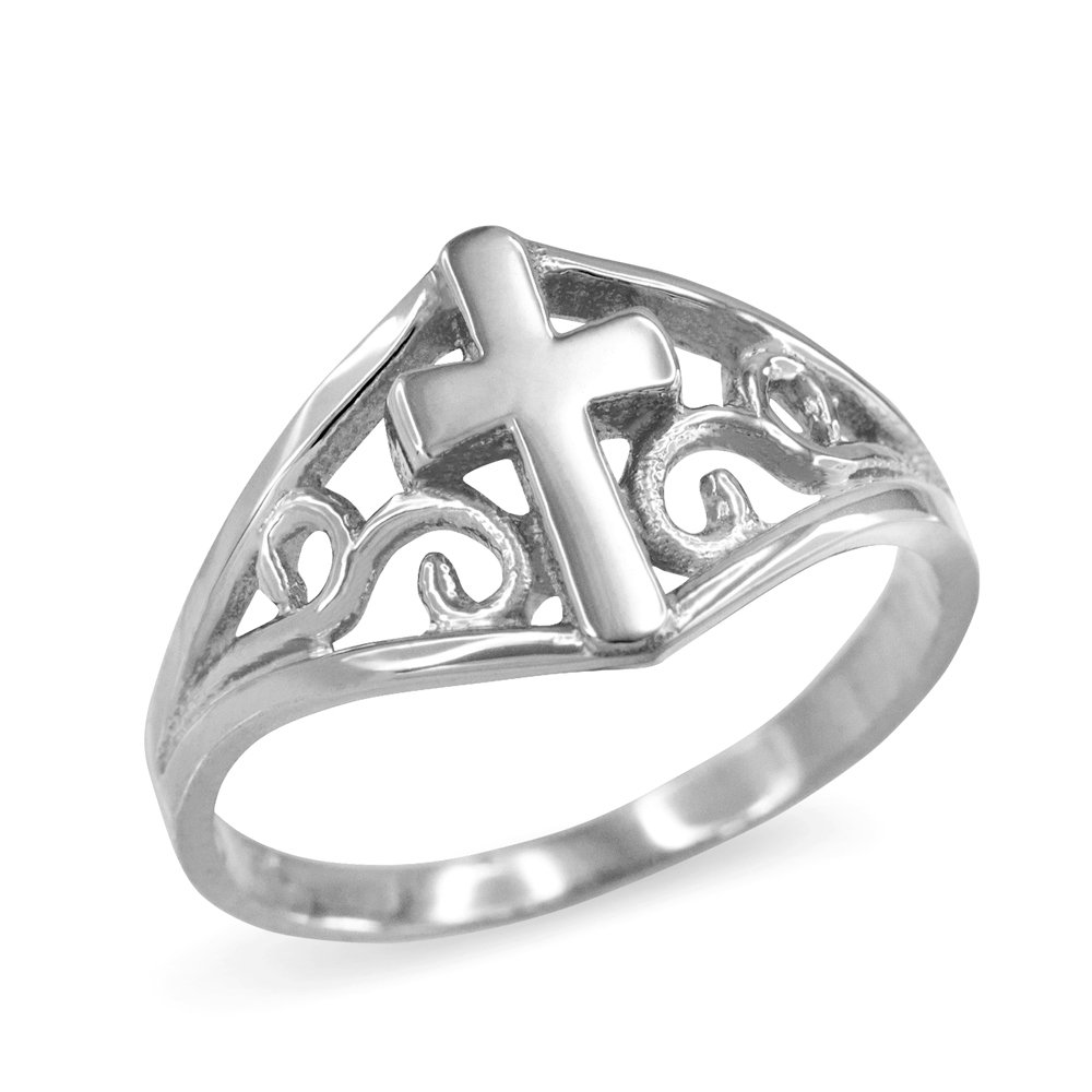 Claddagh Gold Religious Jewelry Filigree Cross Ring for Women in Fine 925 Sterling Silver (Size 6.5)