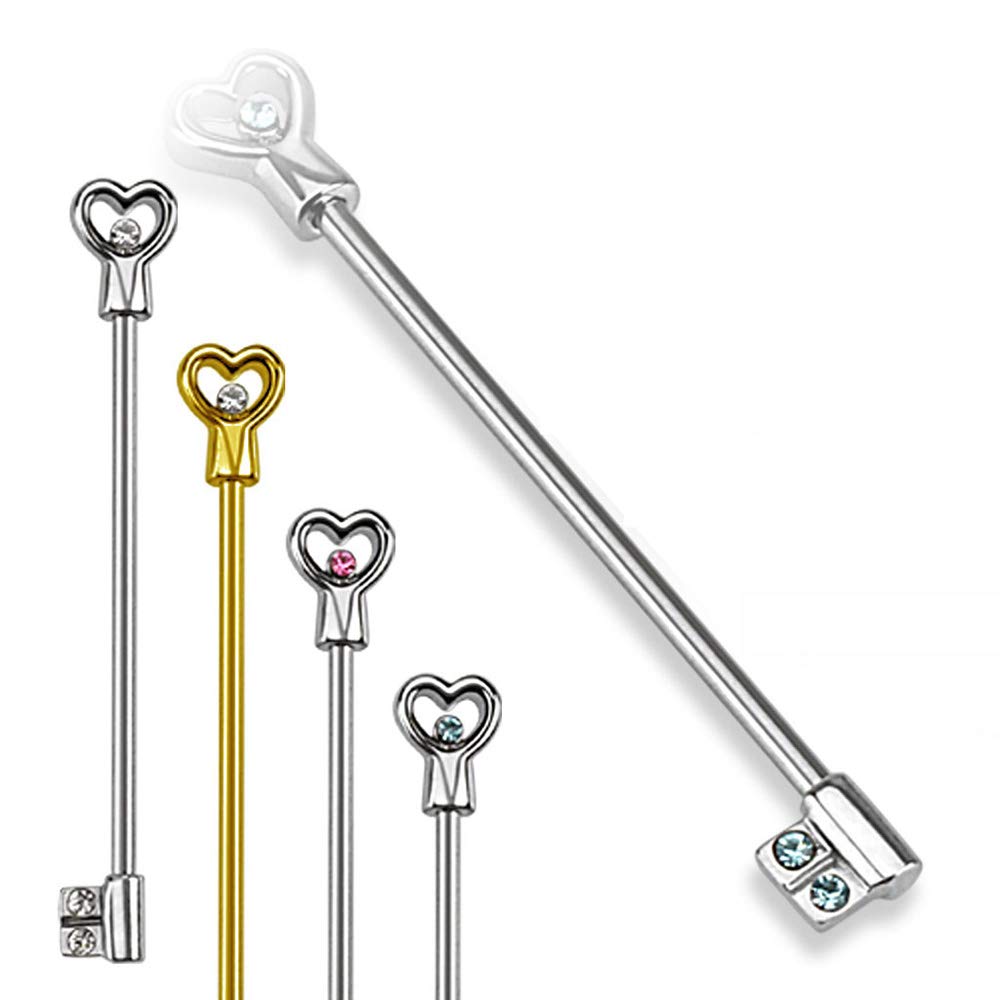 Dynamique 14GA Heart Key with CZs 316L Surgical Steel Industrial Barbell (Clear)