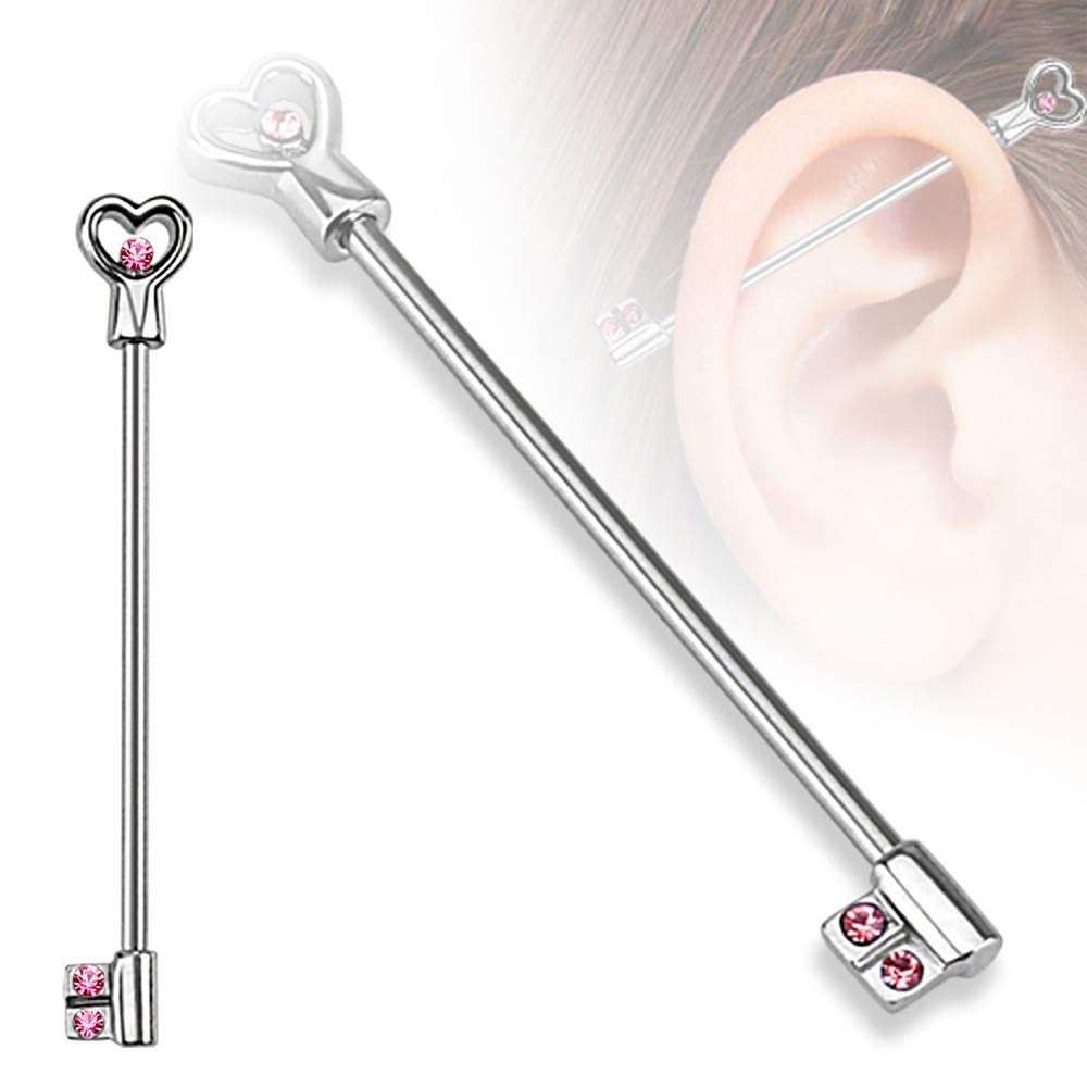 Dynamique 14GA Heart Key with CZs 316L Surgical Steel Industrial Barbell (Clear)