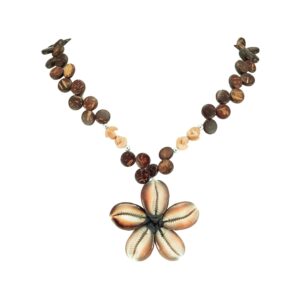 bluerica kaput shells flower on brown coconut shell disc beads necklace