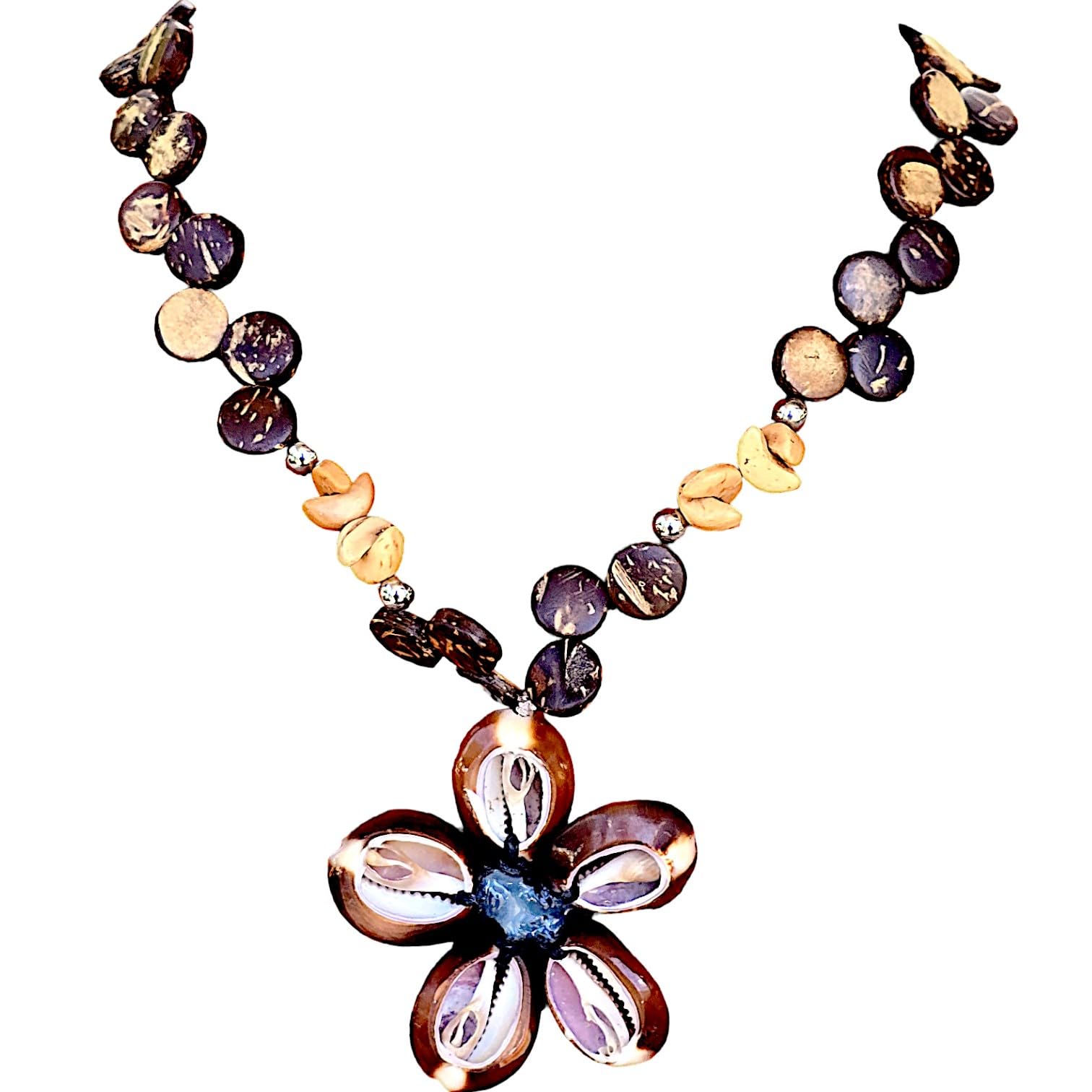 BlueRica Kaput Shells Flower on Brown Coconut Shell Disc Beads Necklace