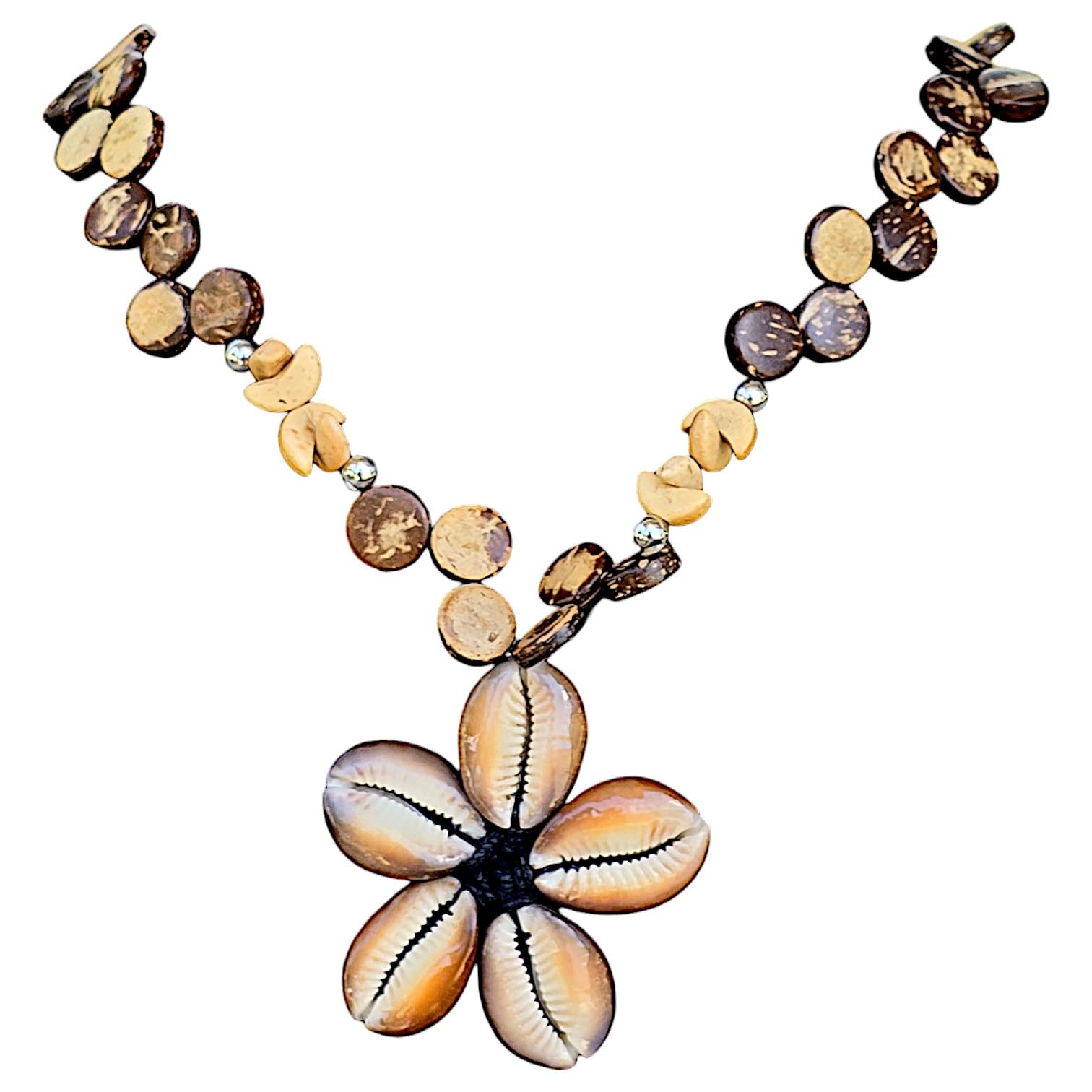 BlueRica Kaput Shells Flower on Brown Coconut Shell Disc Beads Necklace