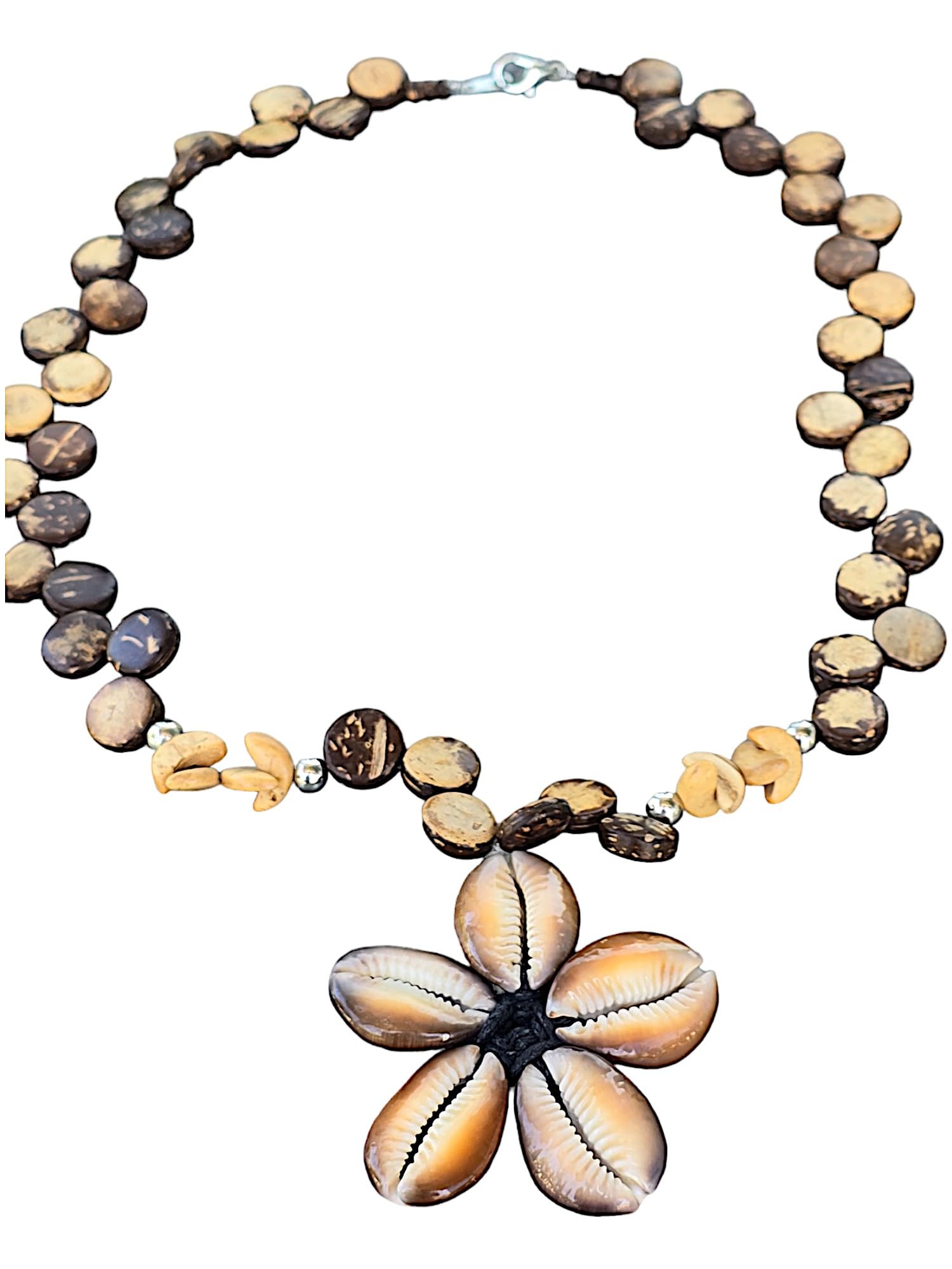 BlueRica Kaput Shells Flower on Brown Coconut Shell Disc Beads Necklace