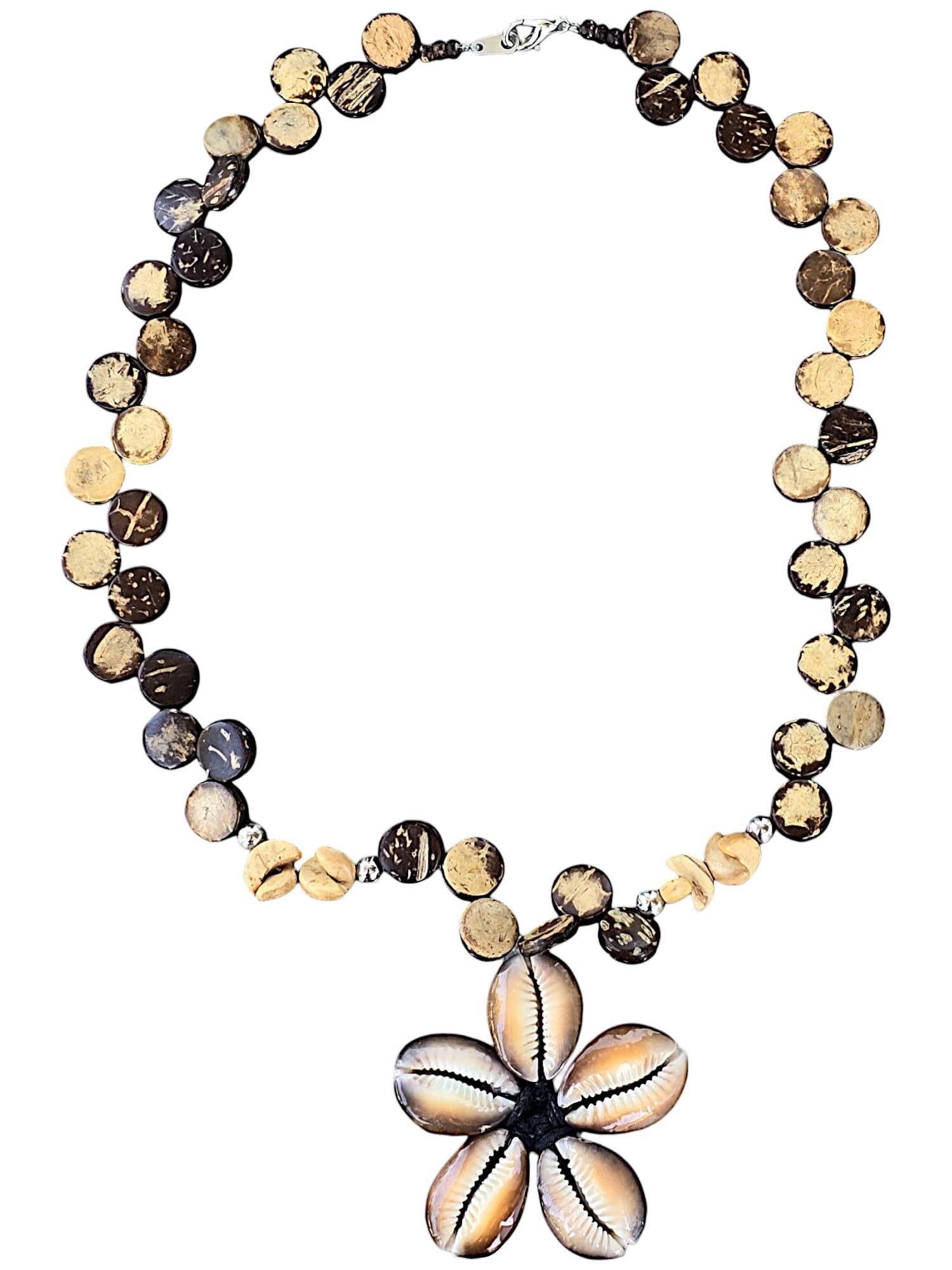 BlueRica Kaput Shells Flower on Brown Coconut Shell Disc Beads Necklace