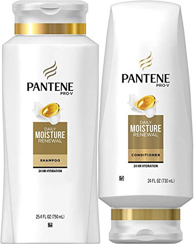 Pantene Moisturizing Shampoo 25.4 OZ and Silicon-Free Conditioner 24 OZ for Dry Hair, Daily Moisture Renewal, Bundle Pack (Packaging May Vary)