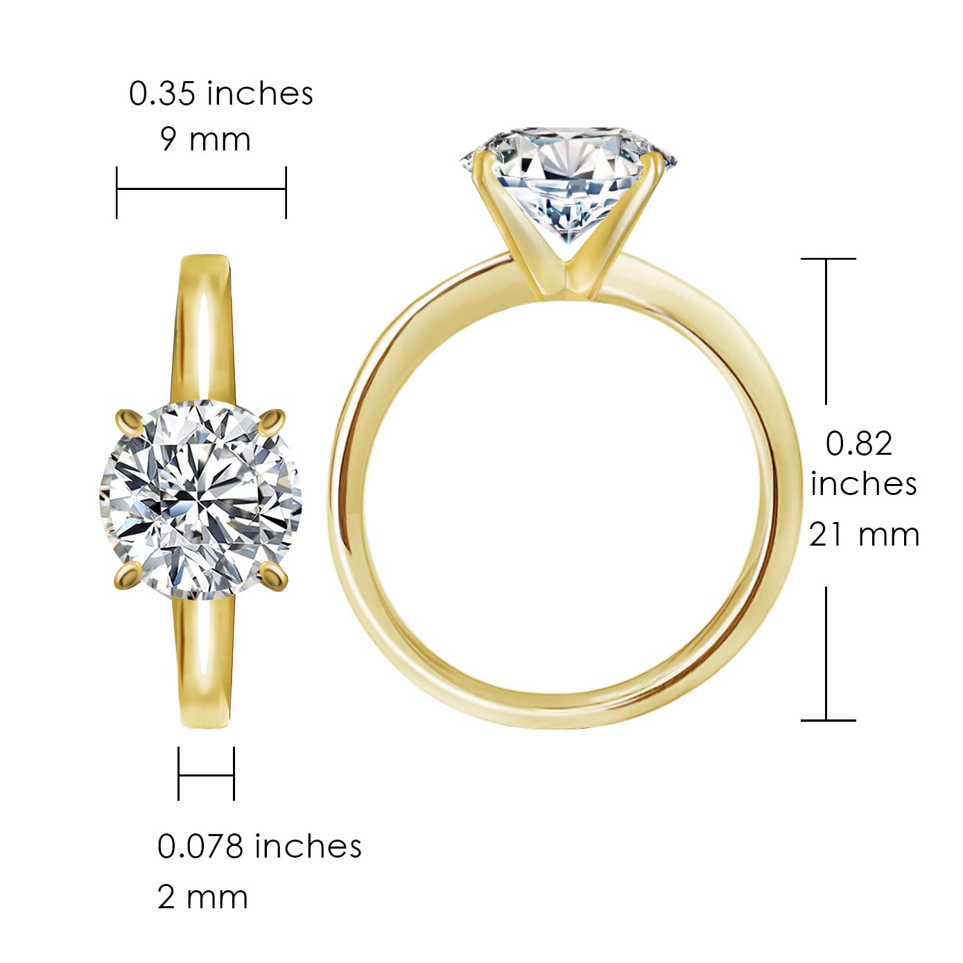 Hoops & Loops Yellow Gold Flashed 925 Sterling Silver 3.0ct Round Brilliant Cut Cubic Zirconia Solitaire Engagement Bridal Wedding Statement Band Ring for Women, Size 6