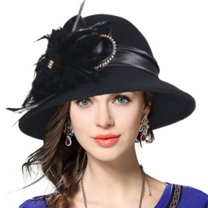 vecry women's wool church dress cloche hat plumy felt bucket winter hat (black)