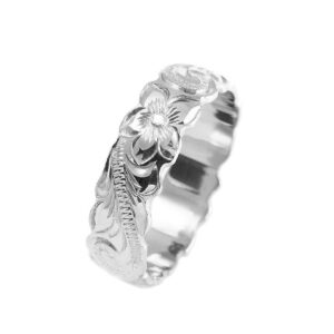 Arthur's Jewelry 14K white gold hand engraved Hawaiian plumeria scroll band ring cut out 6mm size 8.5