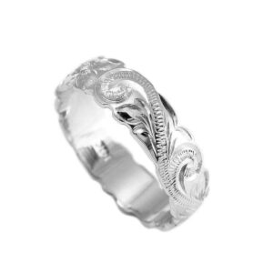 Arthur's Jewelry 14K white gold hand engraved Hawaiian plumeria scroll band ring cut out 6mm size 8.5