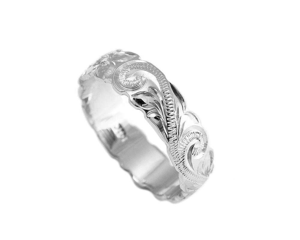 Arthur's Jewelry 14K white gold hand engraved Hawaiian plumeria scroll band ring cut out 6mm size 8.5