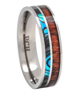 pch jewelers titanium hawaiian koa wood and abalone ring comfort fit 6mm band (7.5)