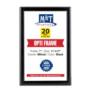 m&t displays opti snap poster frame 11x17 inch black 1" aluminum profile front loading wall mounting photo picture document certificate sign holder mitered corner anti glare cover (20 pack)