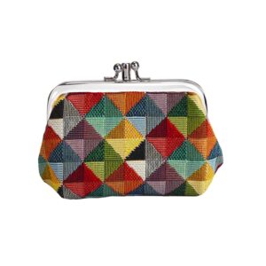 signare tapestry double pocket change pouch kiss lock coin purse for women with colourful geometric multicolor triangles design (frmp-mtri)