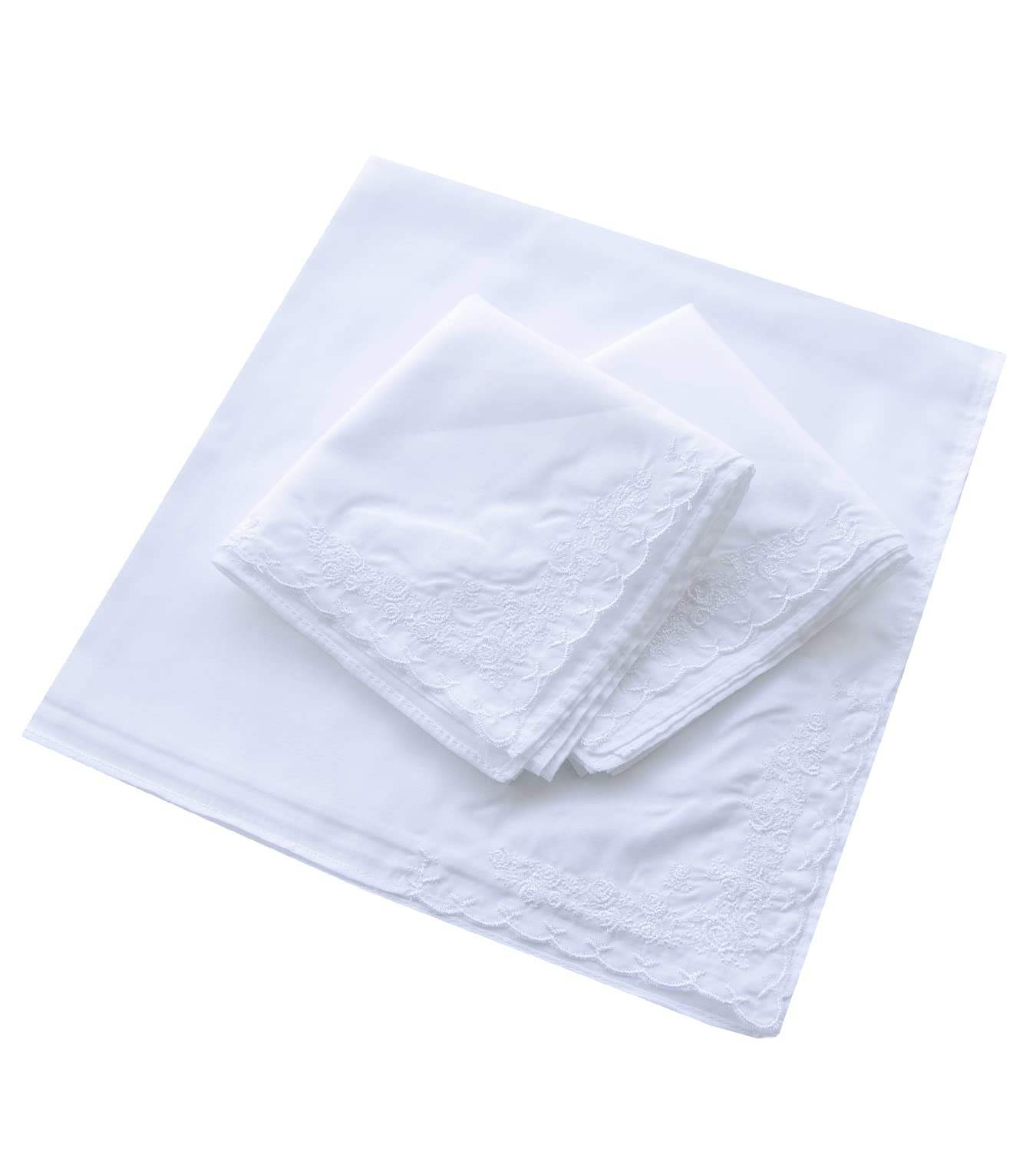 CoCoUSM Womens Large Soft White Embroidered Handkerchiefs - 60s Cotton Square 17"