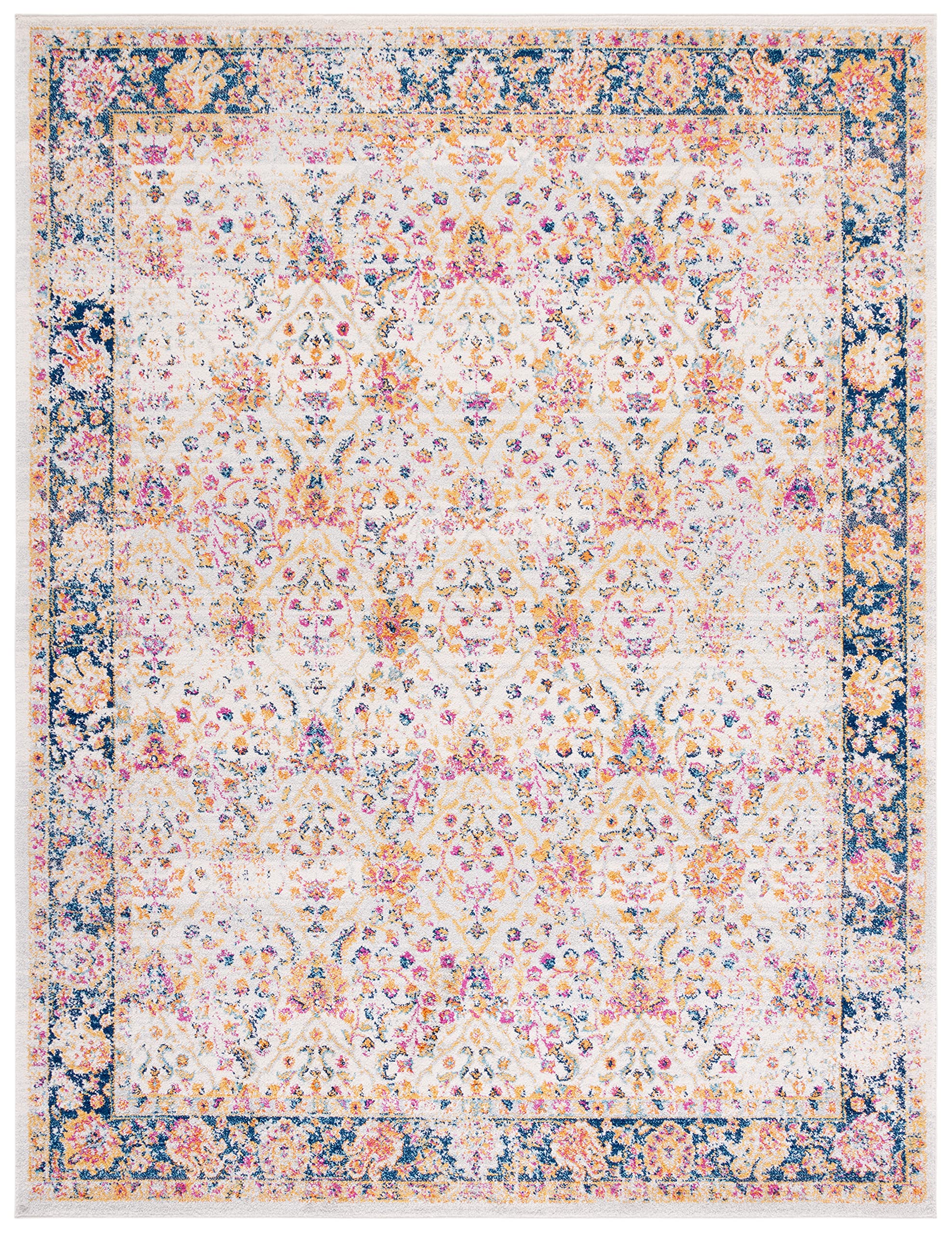 SAFAVIEH Madison Collection Area Rug - 8' x 10', Cream & Navy, Oriental Boho Chic Distressed Design, Non-Shedding & Easy Care, Ideal for High Traffic Areas in Living Room, Bedroom (MAD609D)