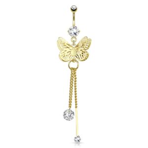 butterfly wings overlapped and cz attached to chain string dangle 4kt gold plated belly button ring