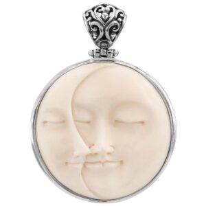 carved sun crescent moon moonface duo goddess bison bone 925 sterling silver pendant, 1 3/4"